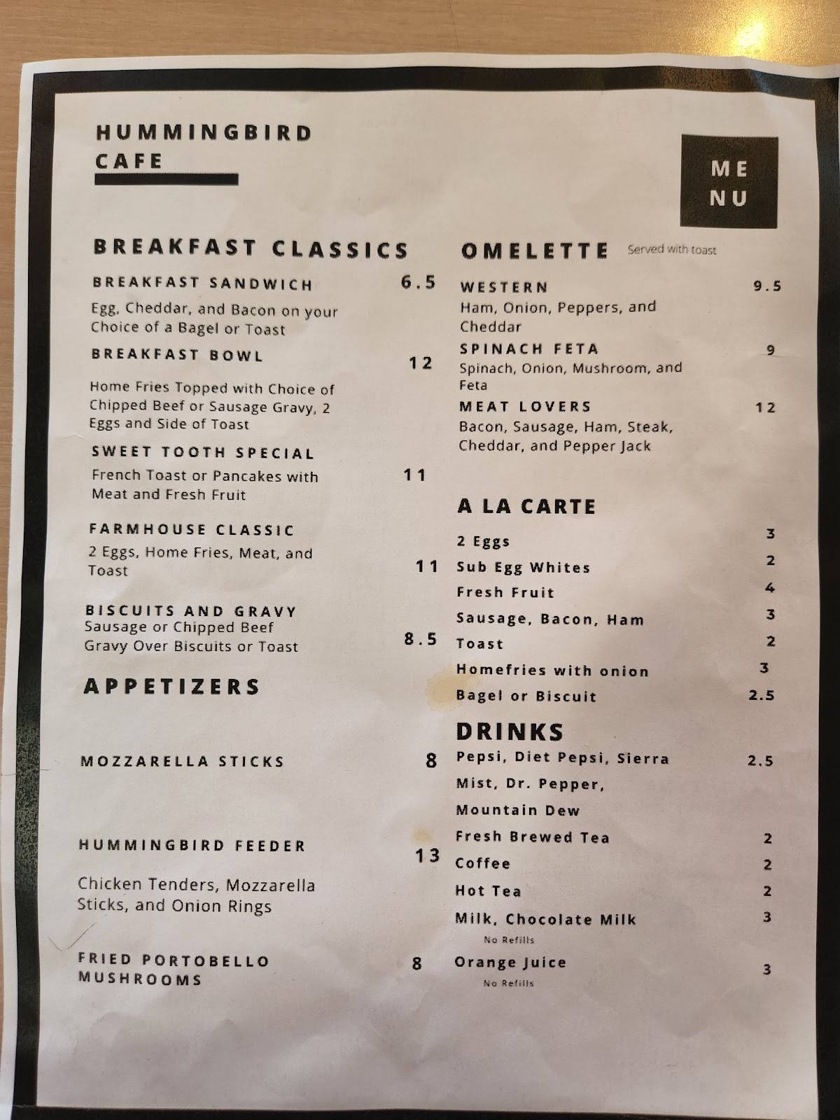 Menu at The Hummingbird Cafe, Wiley Ford