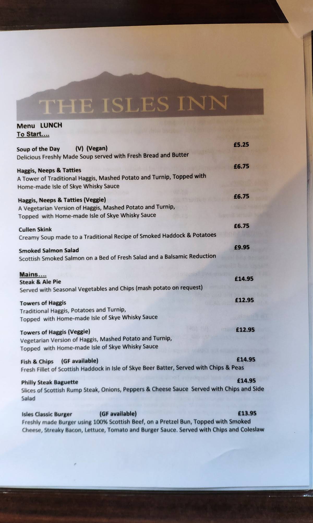 Menu at The Isles Inn pub & bar, Portree