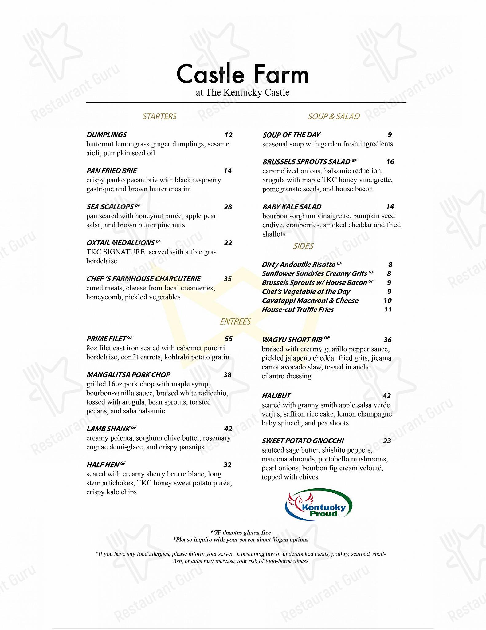 Menu at The Kentucky Castle restaurant, USA
