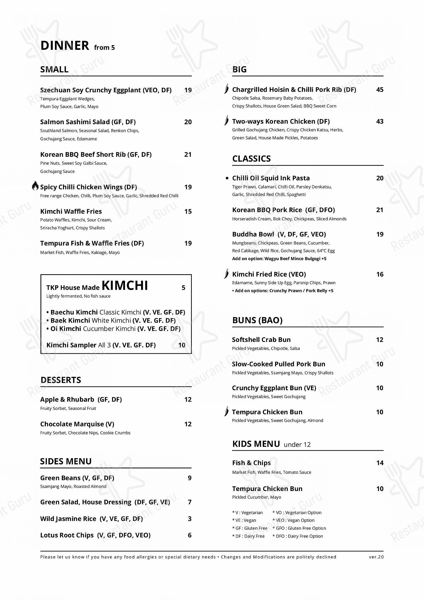 Menu at The Kimchi Project pub & bar, Auckland