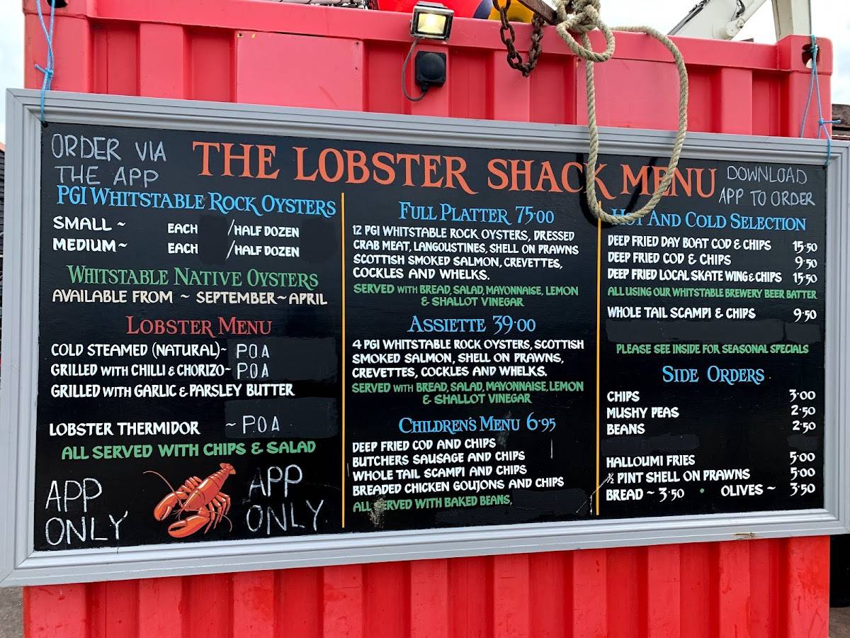 Menu at The Lobster Shack restaurant, Whitstable