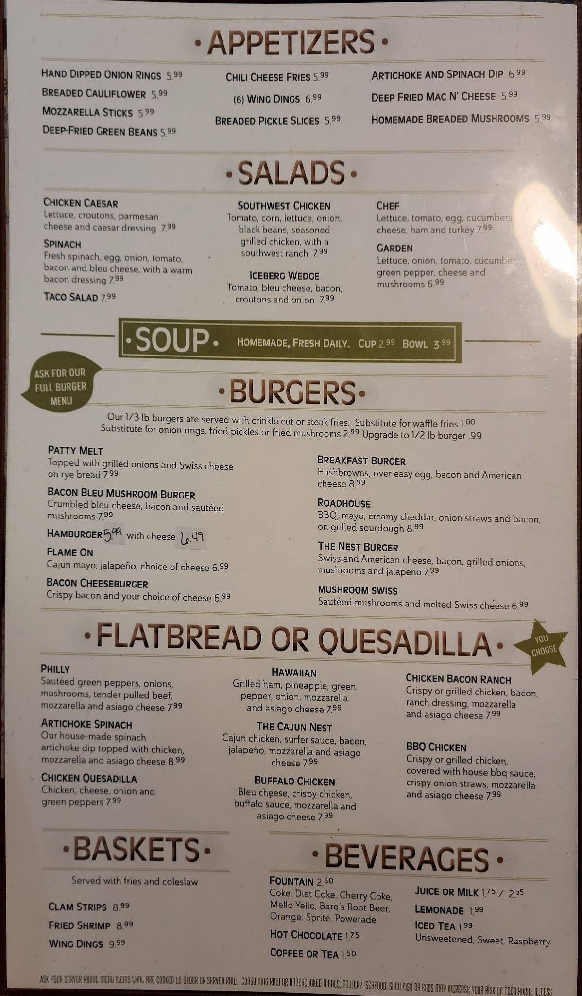 Menu at The Nest restaurant, Farwell