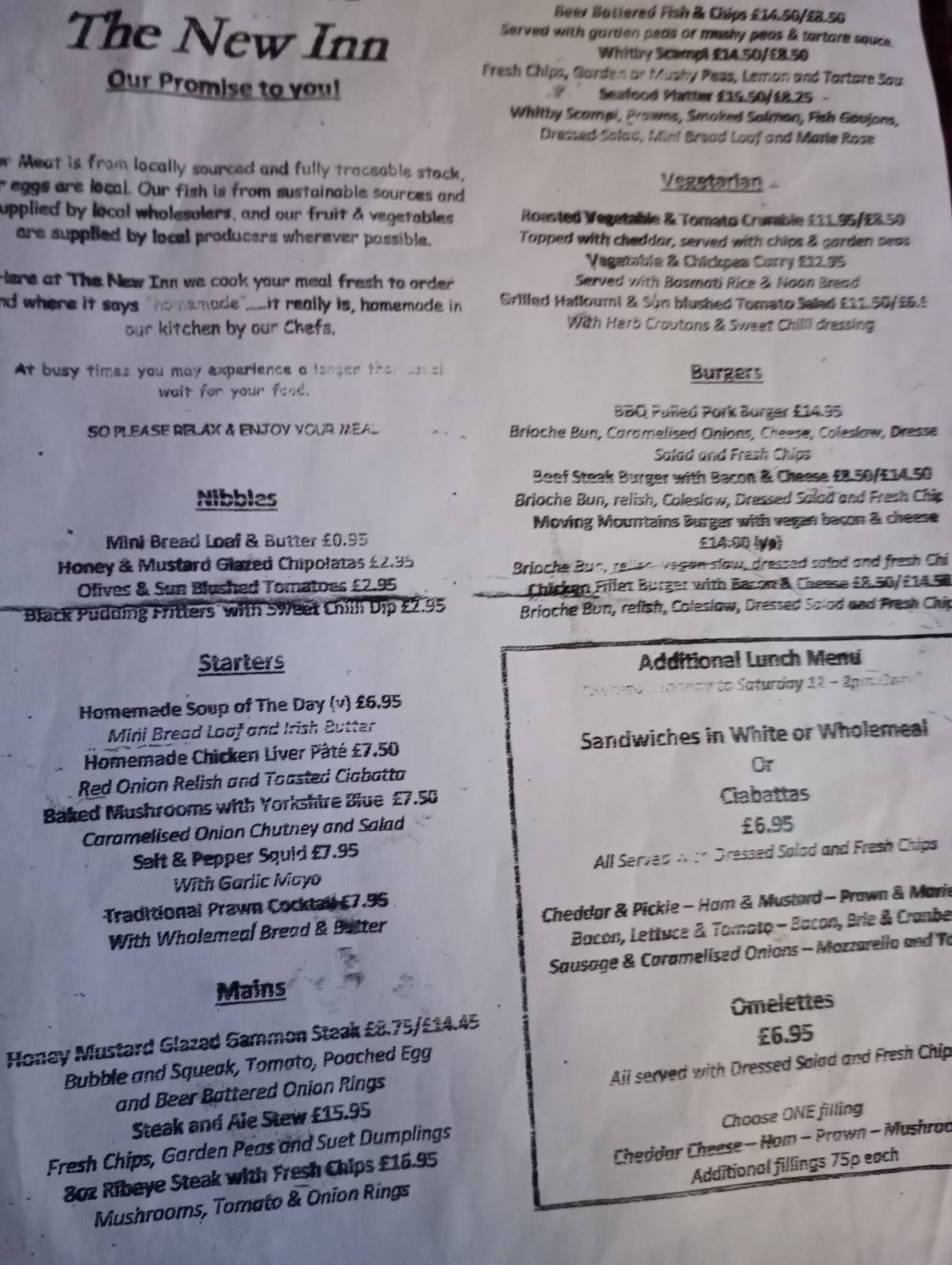 Menu at The New Inn pub & bar, Thornton Dale