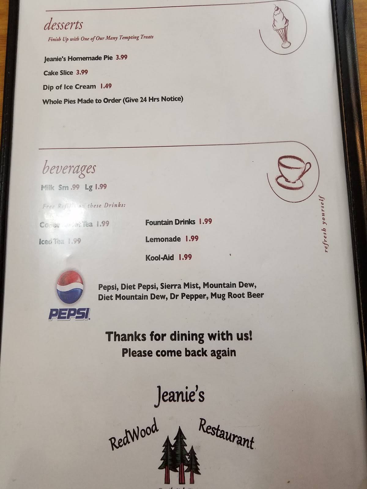 Menu at The Ohio Redwood restaurant, Belpre, Washington Blvd