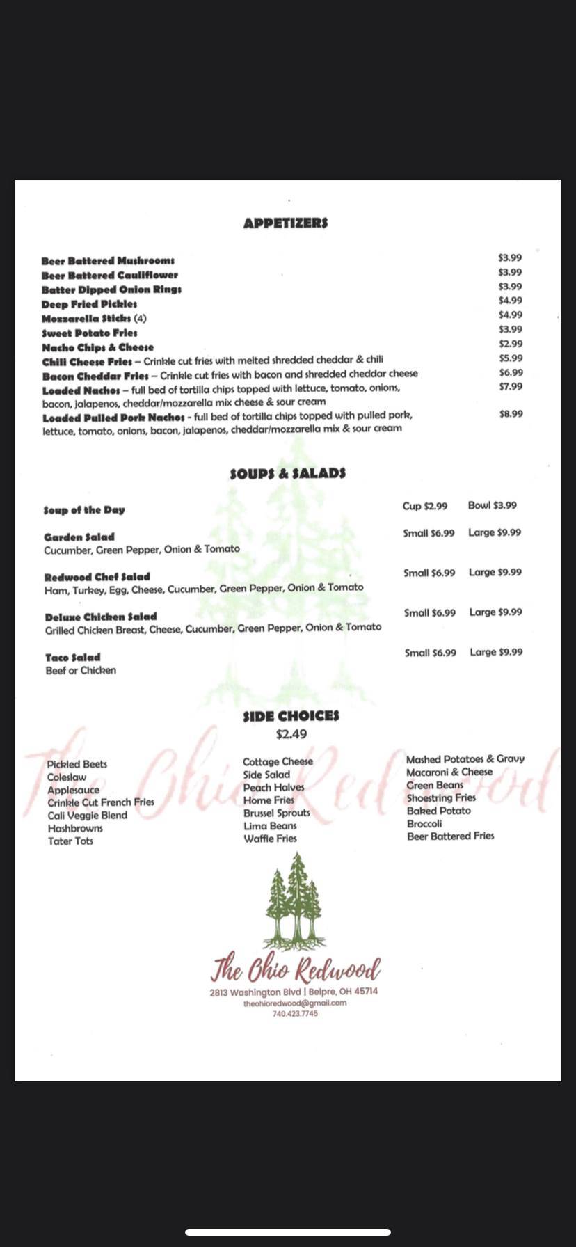Menu at The Ohio Redwood restaurant, Belpre, Washington Blvd