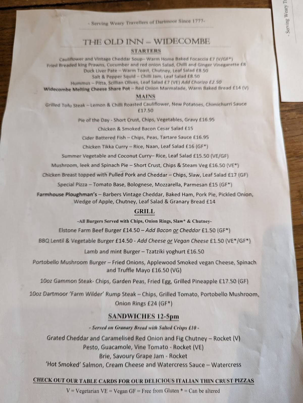 Menu at The Old Inn pub & bar, Widecombe in the Moor