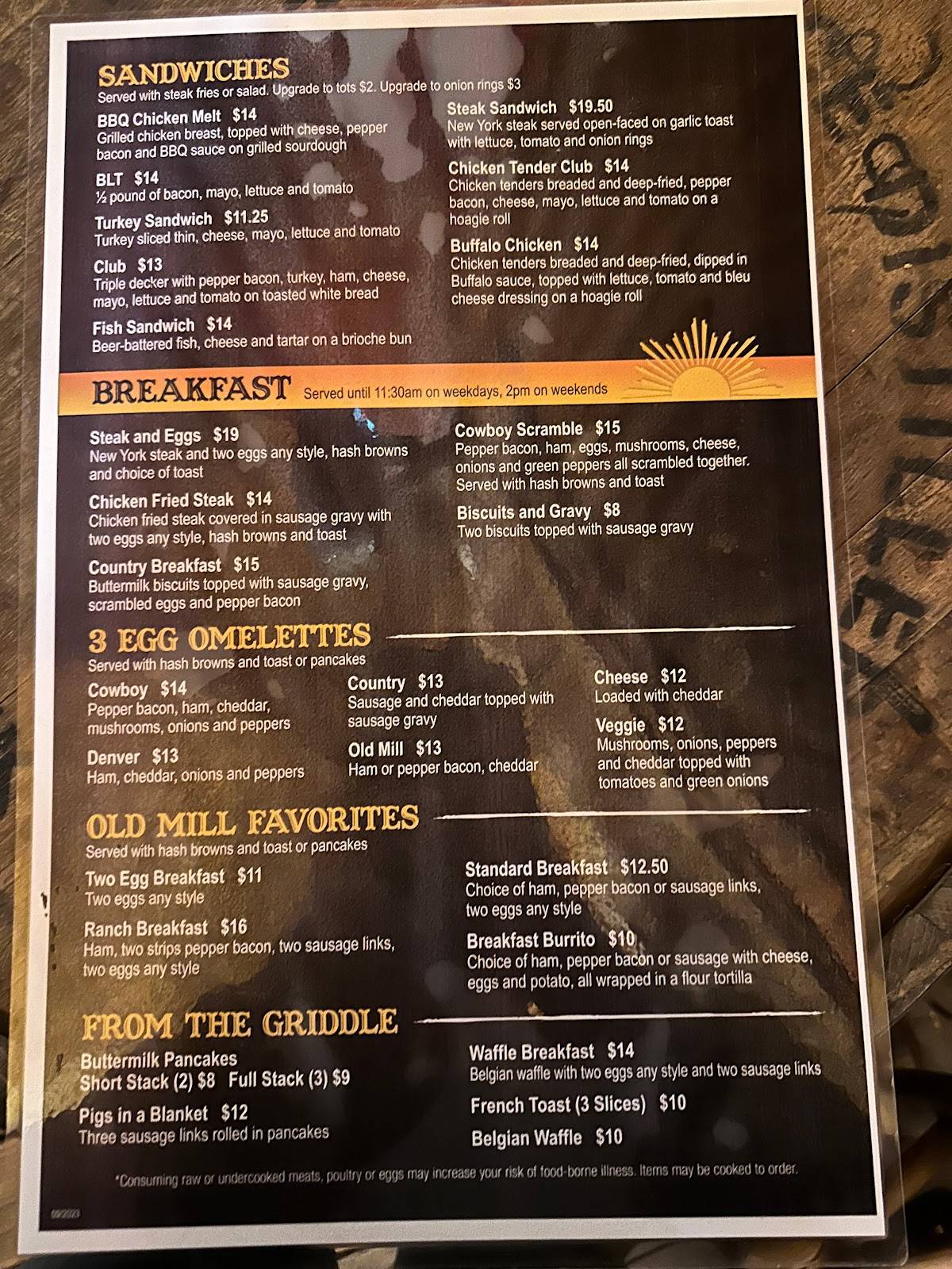 Menu at The Old Mill Saloon pub & bar, Estacada