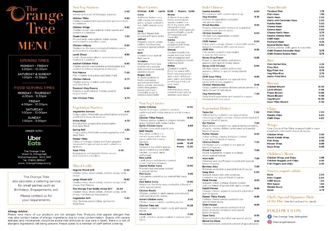 Menu at The Orange Tree pub & bar, Wolverhampton