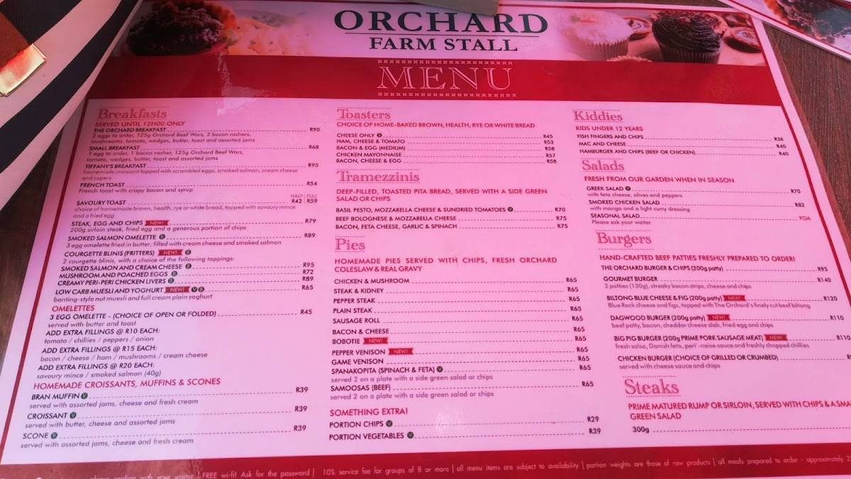Menu at The Orchard Farm Stall restaurant, Grabouw
