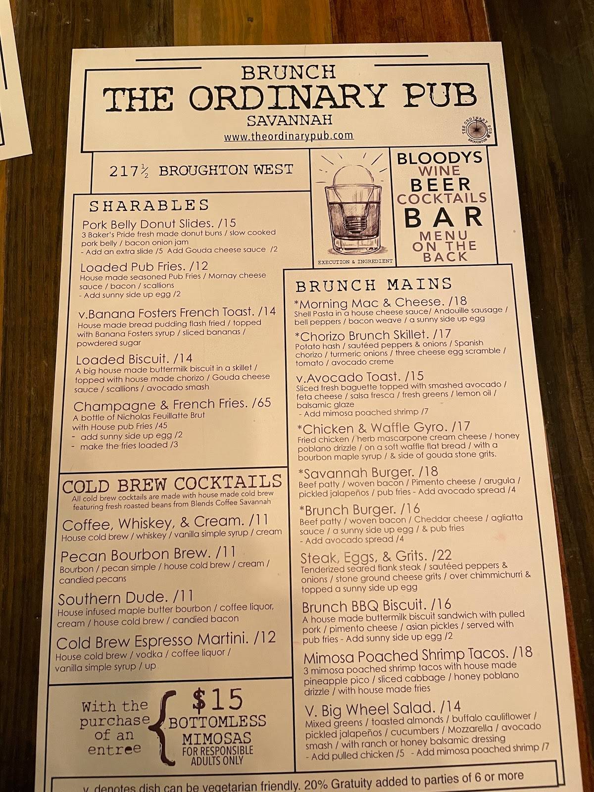 Menu at The Ordinary Pub, Savannah