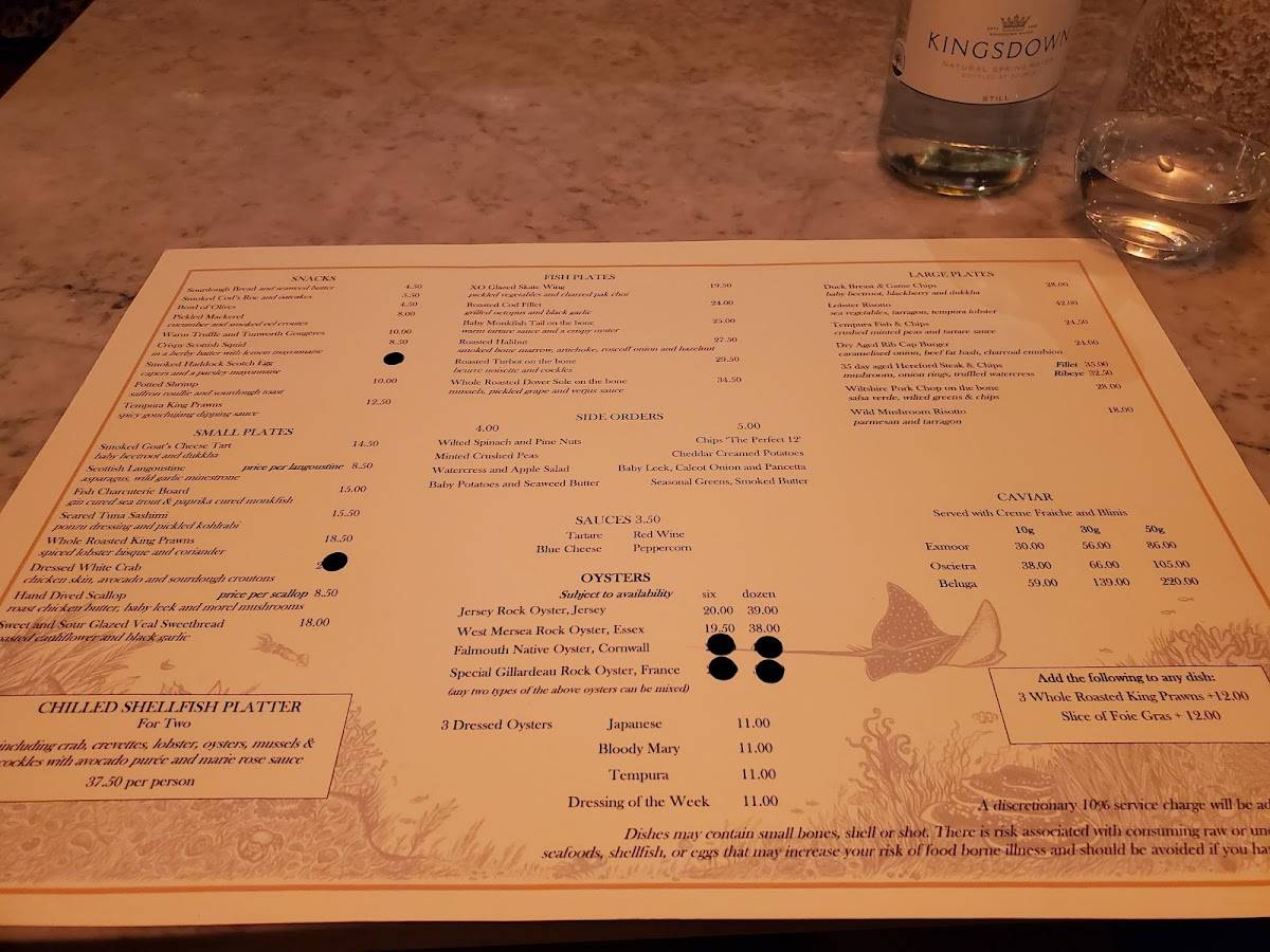Menu at The Oyster Club, Birmingham