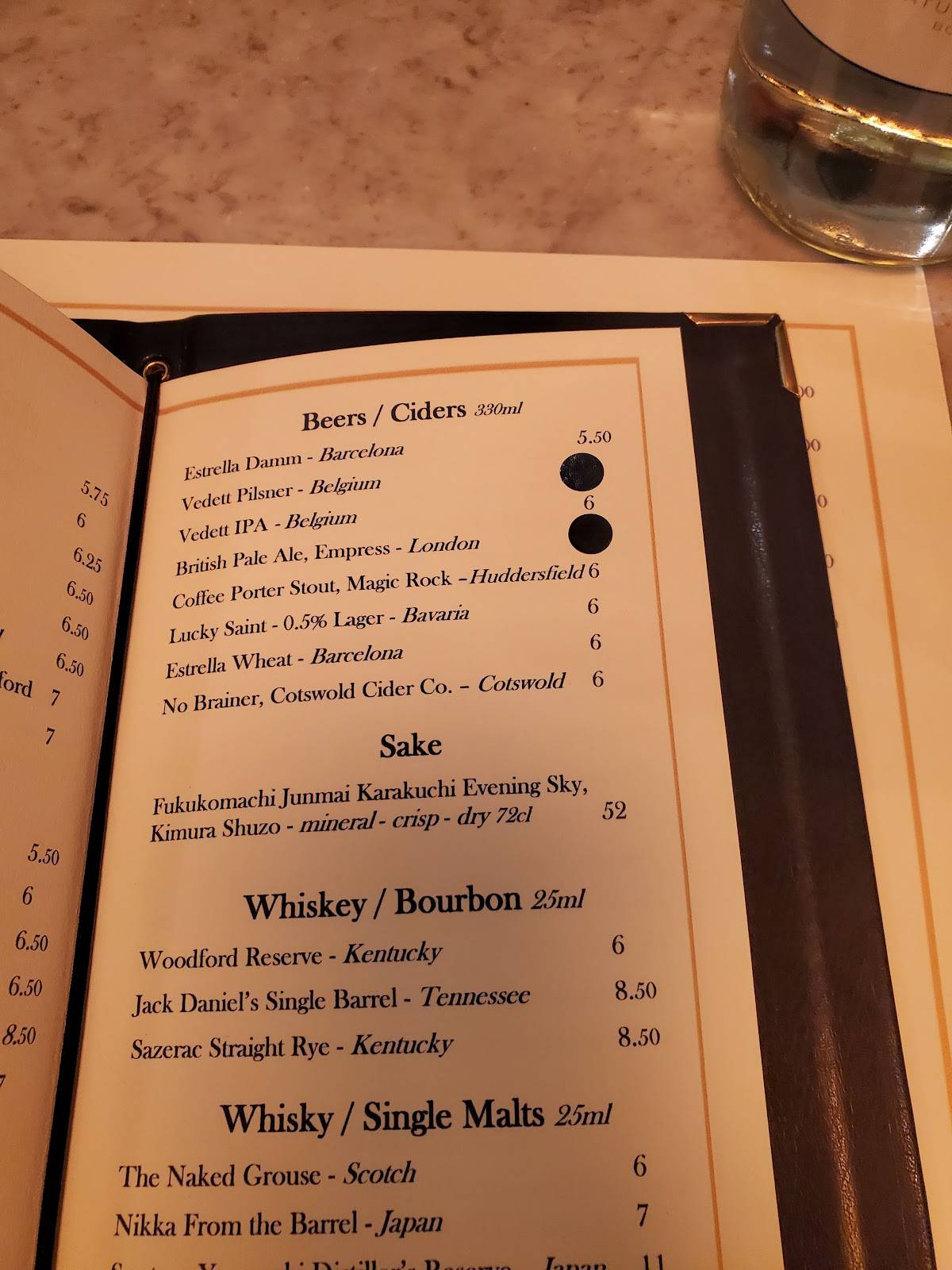 Menu at The Oyster Club, Birmingham