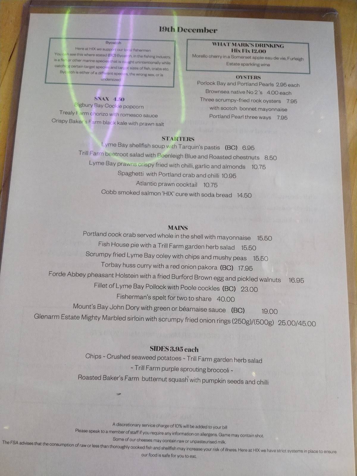 Menu at The Oyster & Fish House restaurant, Lyme Regis