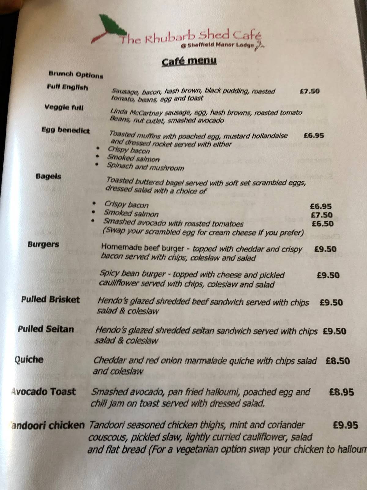 Menu at The Rhubarb Shed Cafe, Sheffield