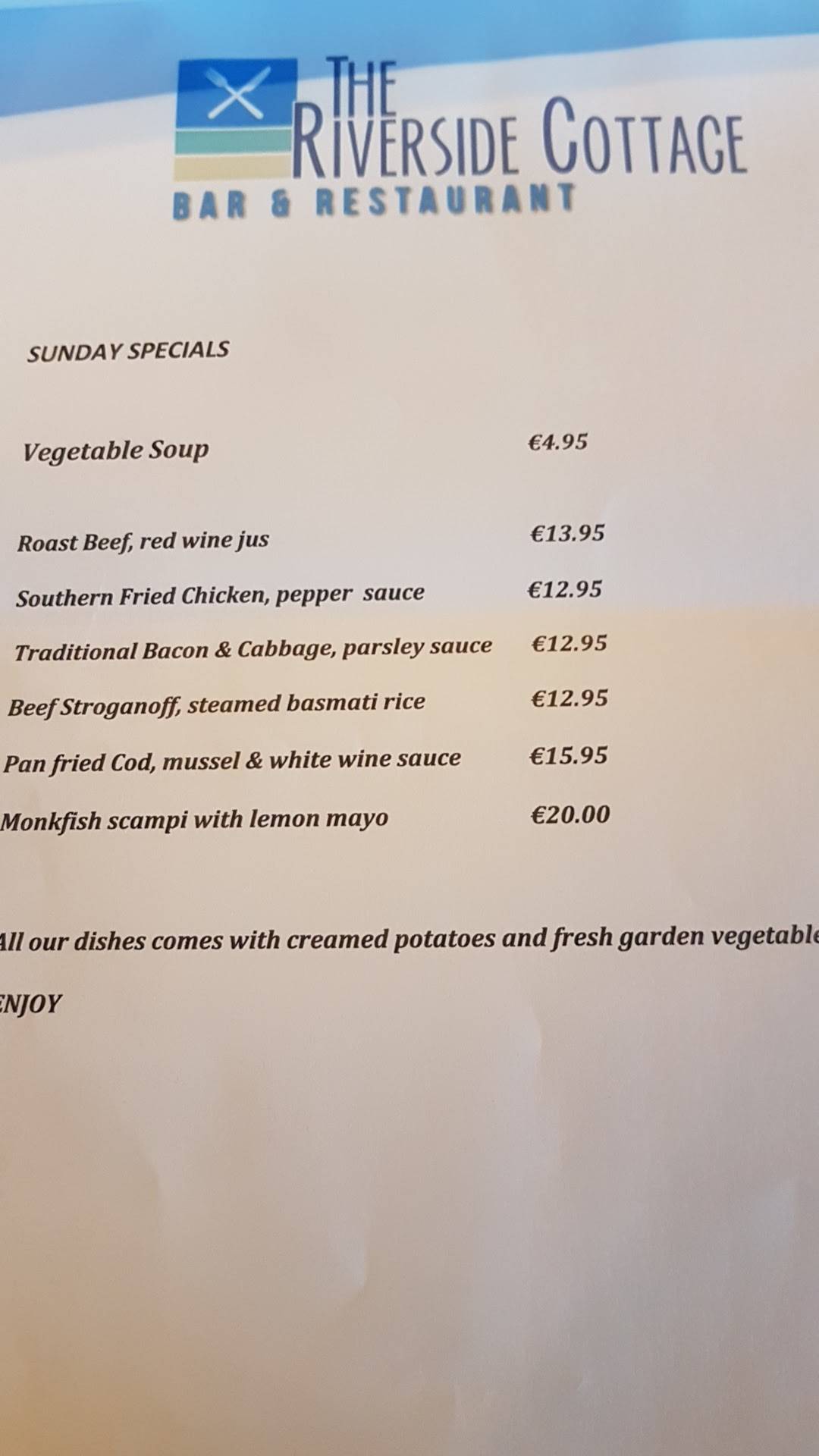 Menu at The Riverside Cottage pub & bar, Waterford, Knockboy Cross