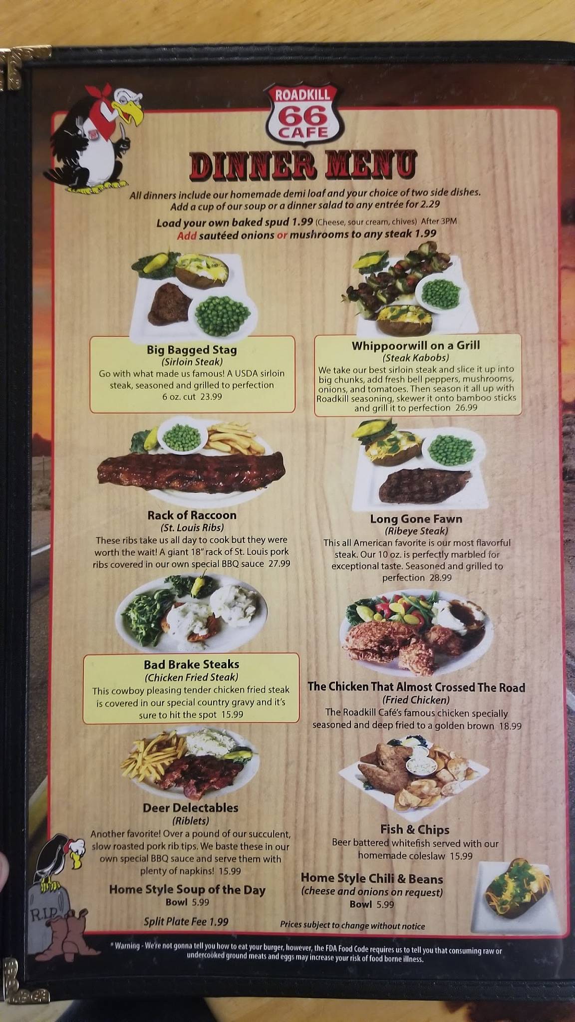 Menu at The Roadkill Cafe/O.K. Saloon, Seligman