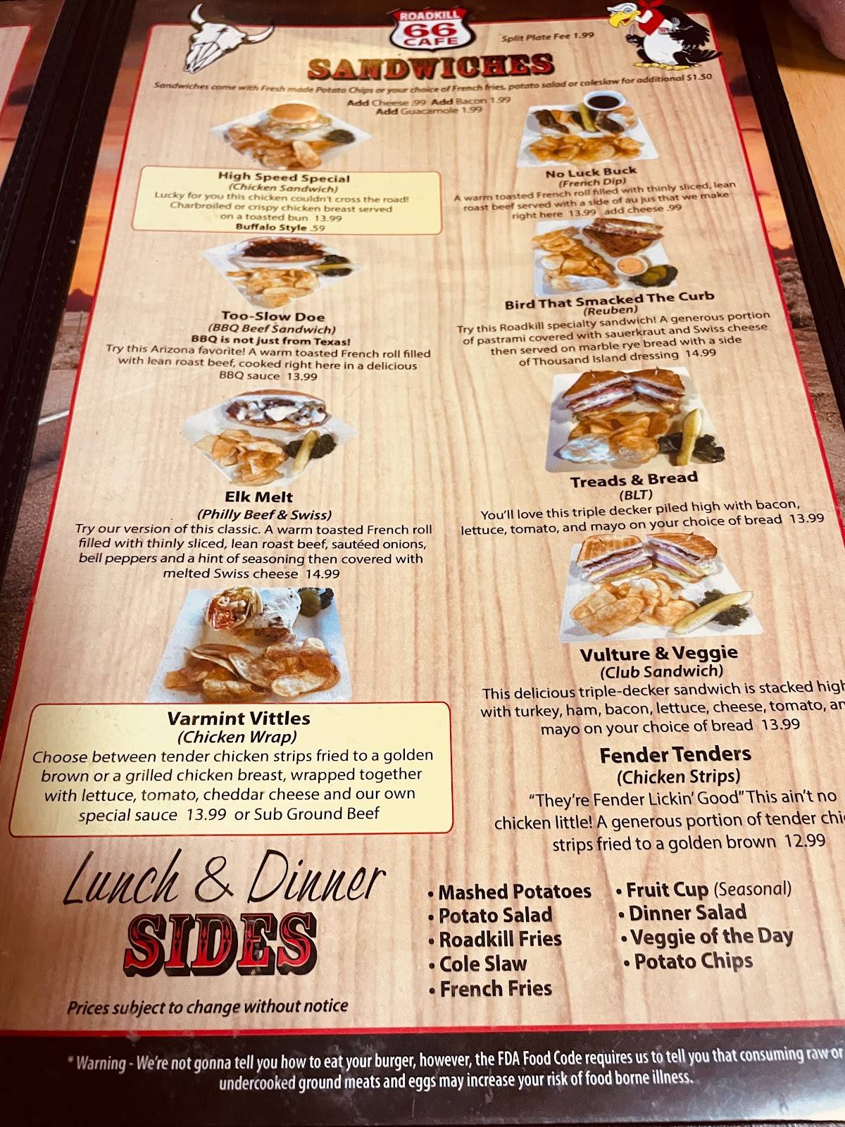 Menu at The Roadkill Cafe/O.K. Saloon, Seligman