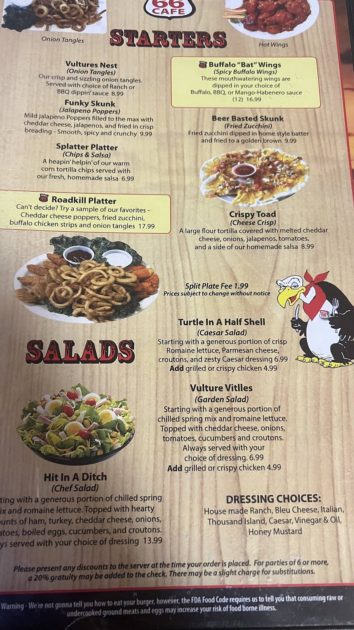 Menu at The Roadkill Cafe/O.K. Saloon, Seligman