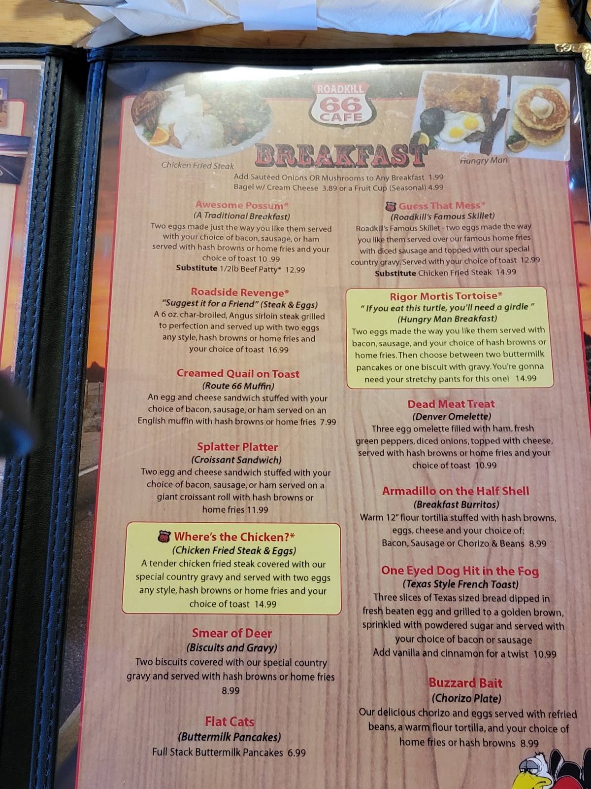 Menu at The Roadkill Cafe/O.K. Saloon, Seligman