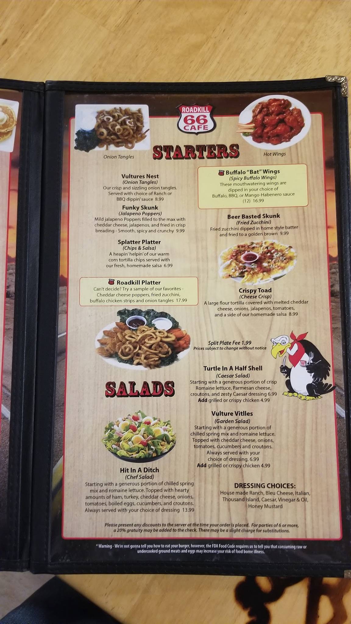 Menu at The Roadkill Cafe/O.K. Saloon, Seligman
