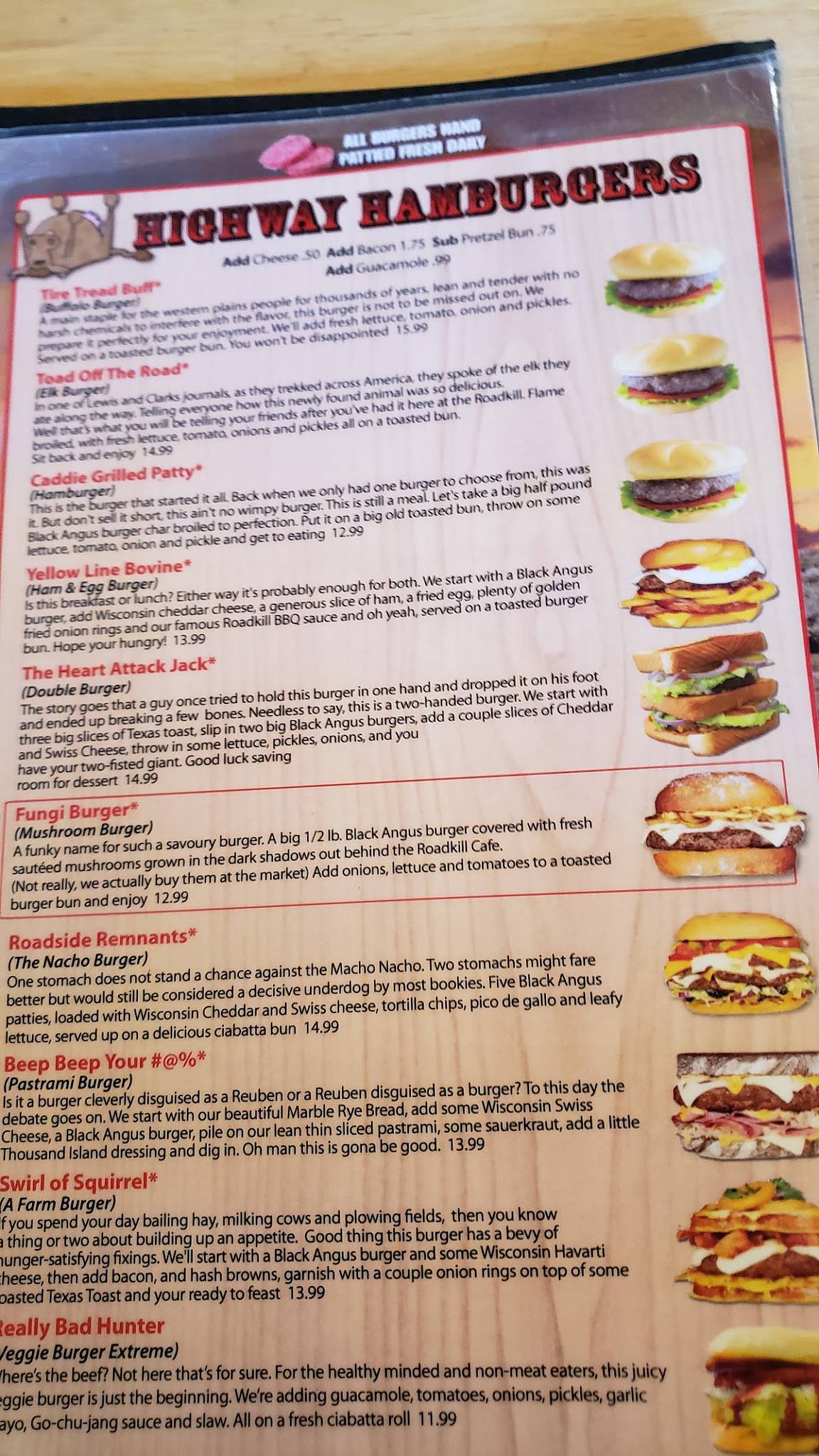 Menu at The Roadkill Cafe/O.K. Saloon, Seligman