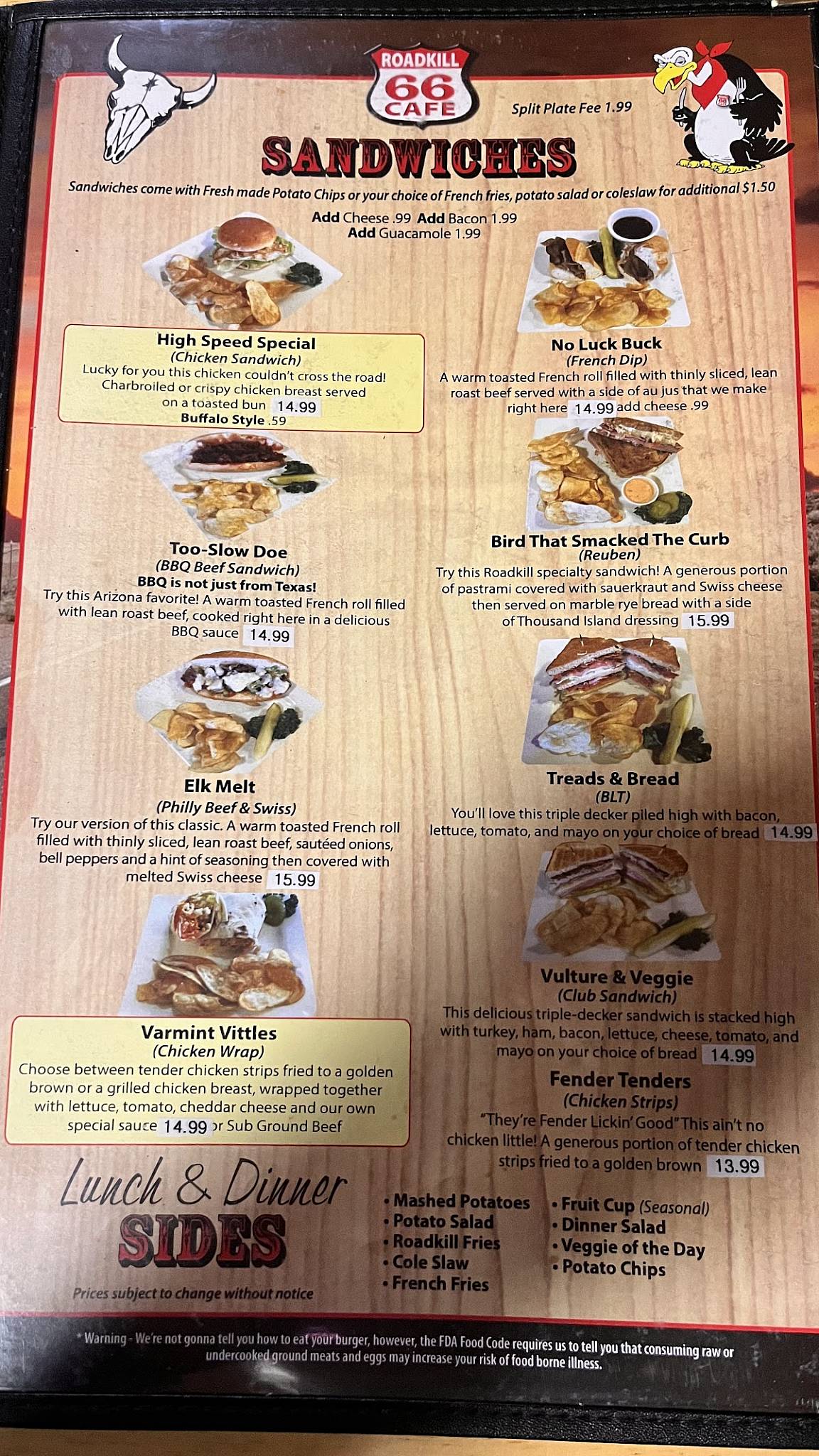 Menu at The Roadkill Cafe/O.K. Saloon, Seligman