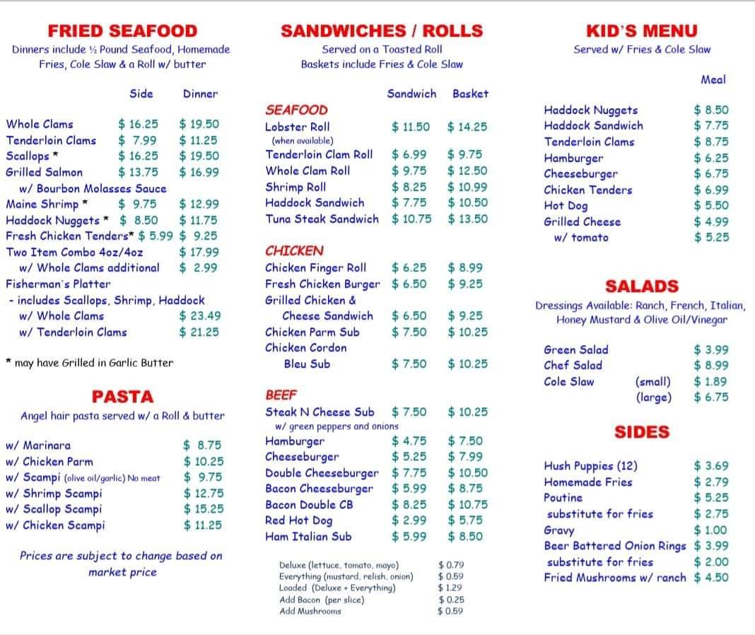 Menu at The Rusty Crab restaurant, Mars Hill
