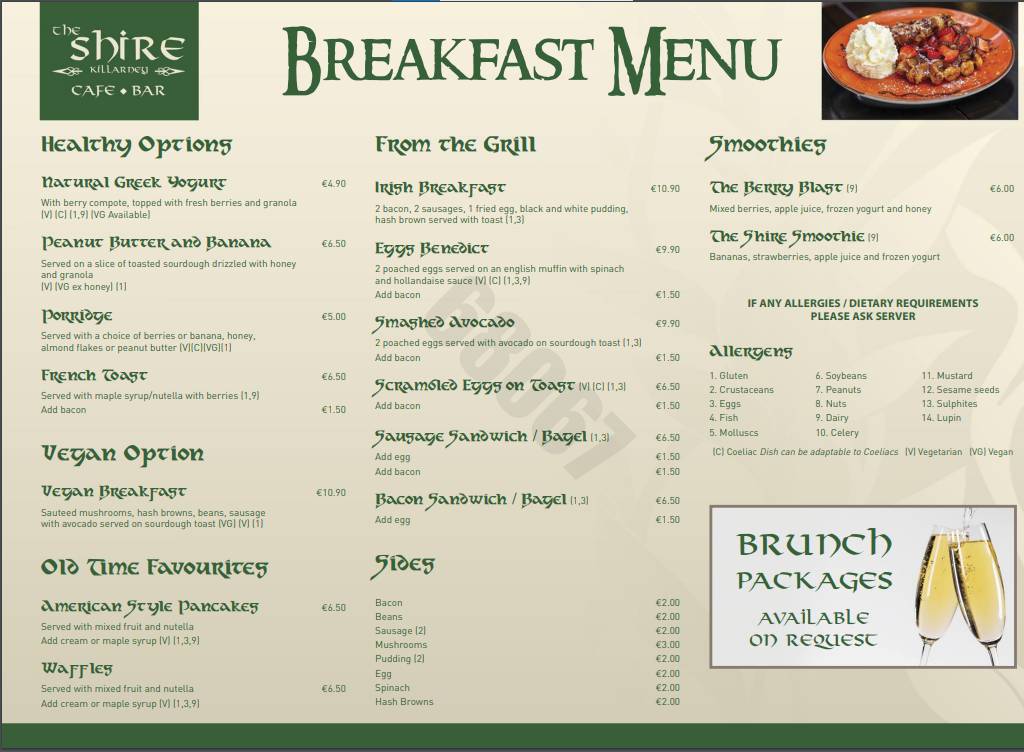 Menu at The Shire Bar & Cafe, Killarney