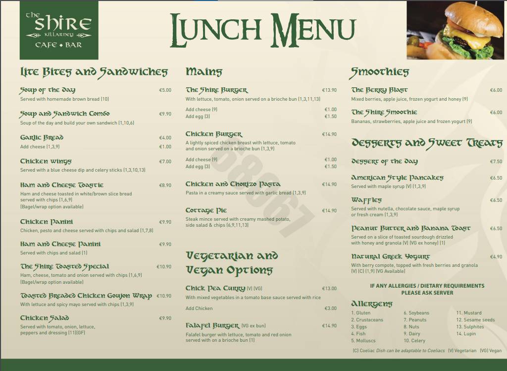 Menu at The Shire Bar & Cafe, Killarney