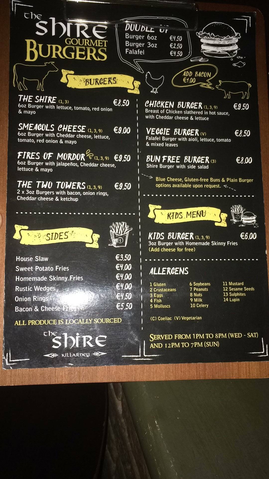 Menu at The Shire Bar & Cafe, Killarney
