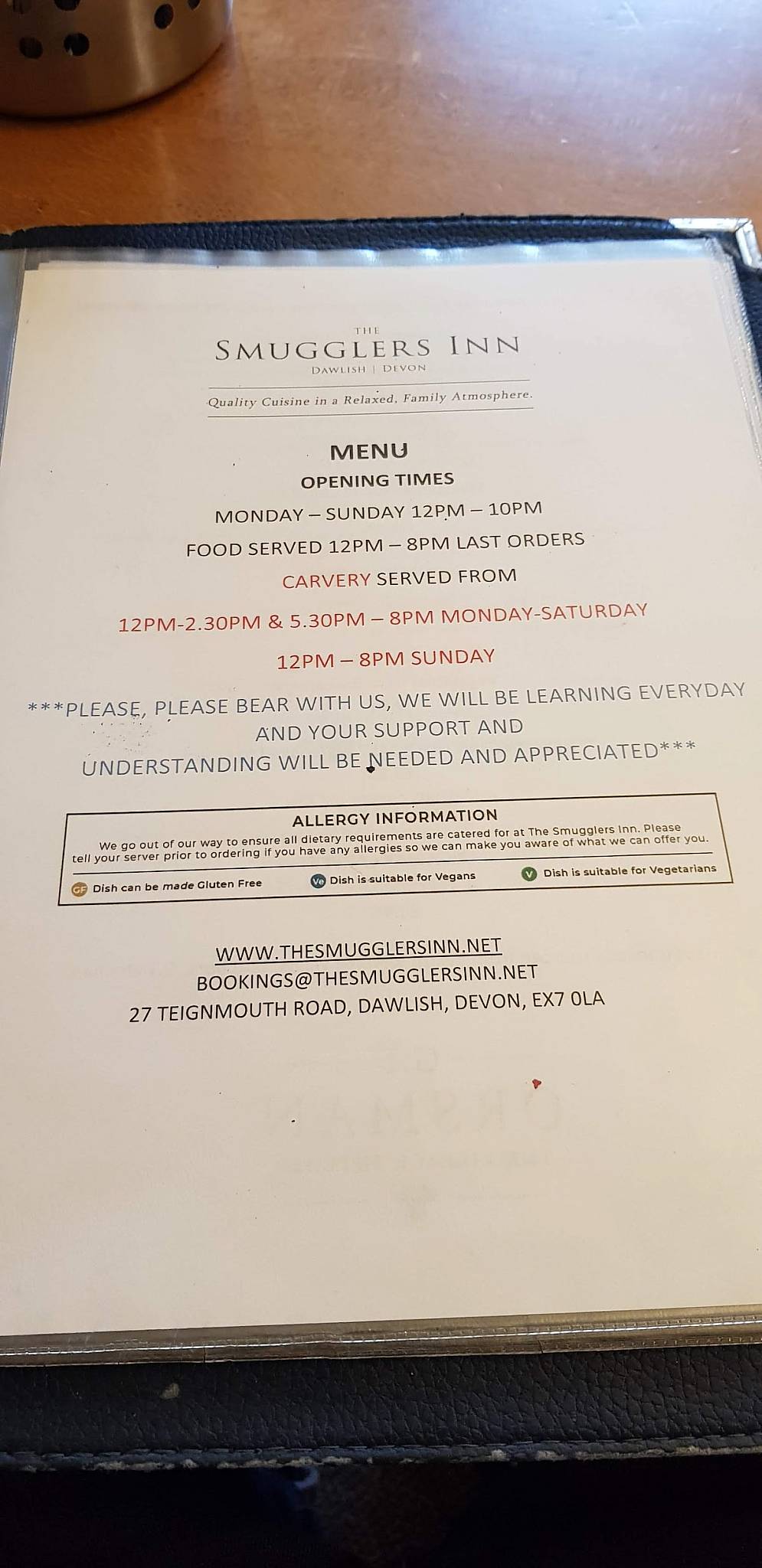 Menu at The Smugglers Inn pub & bar, Dawlish