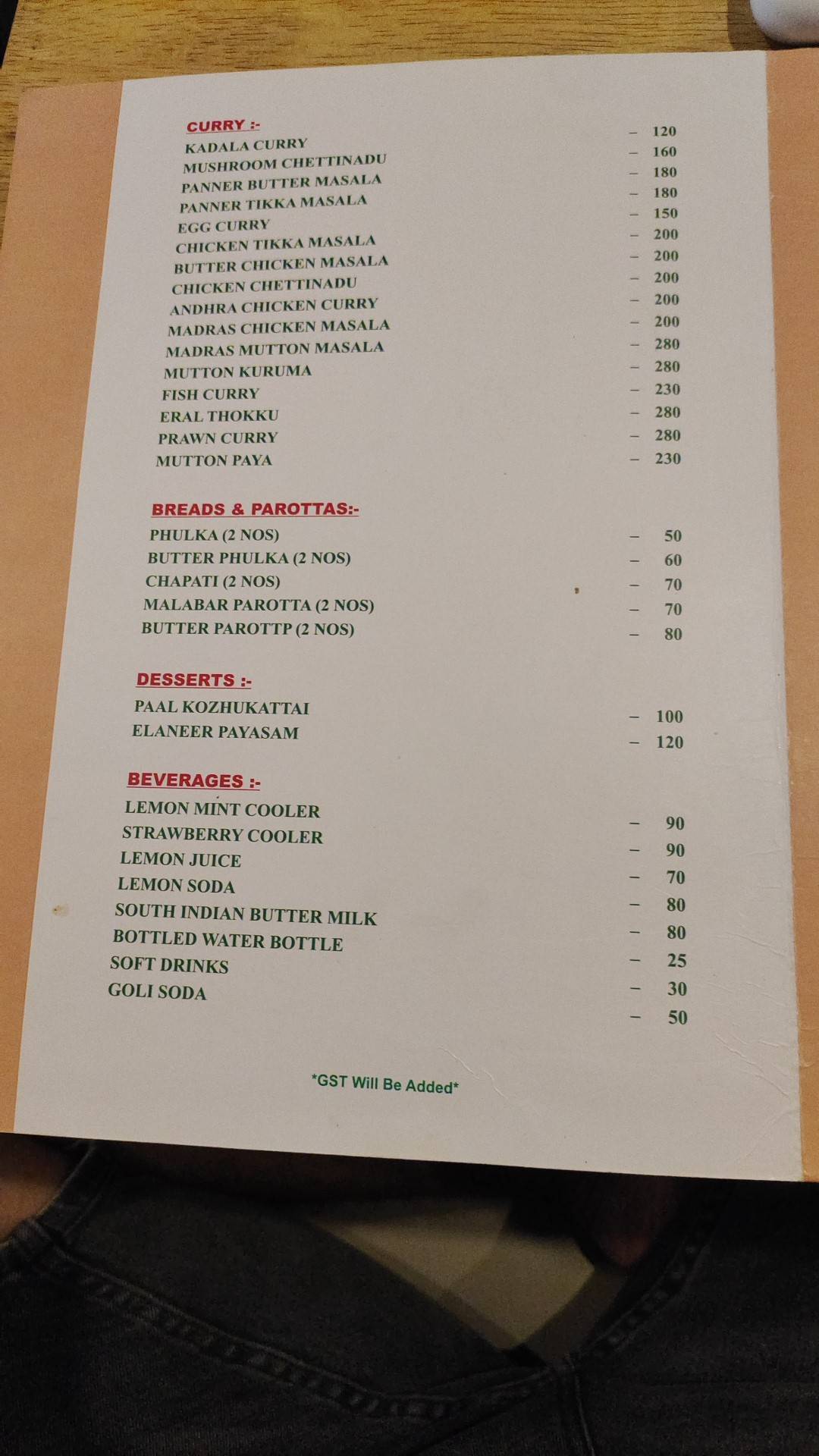 Menu at The South Indian Kitchen, Puducherry
