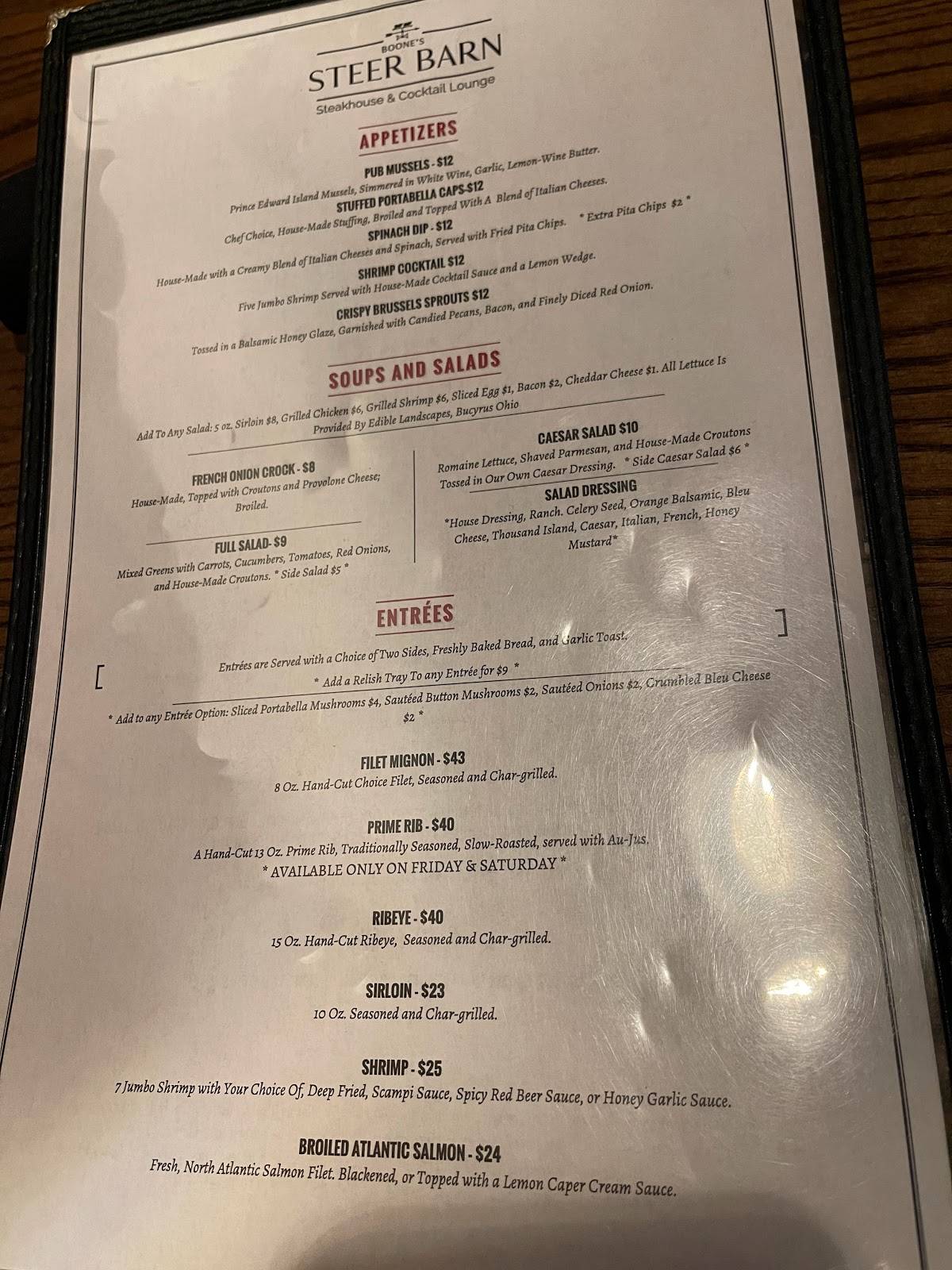 Menu at The Steer Barn, Upper Sandusky