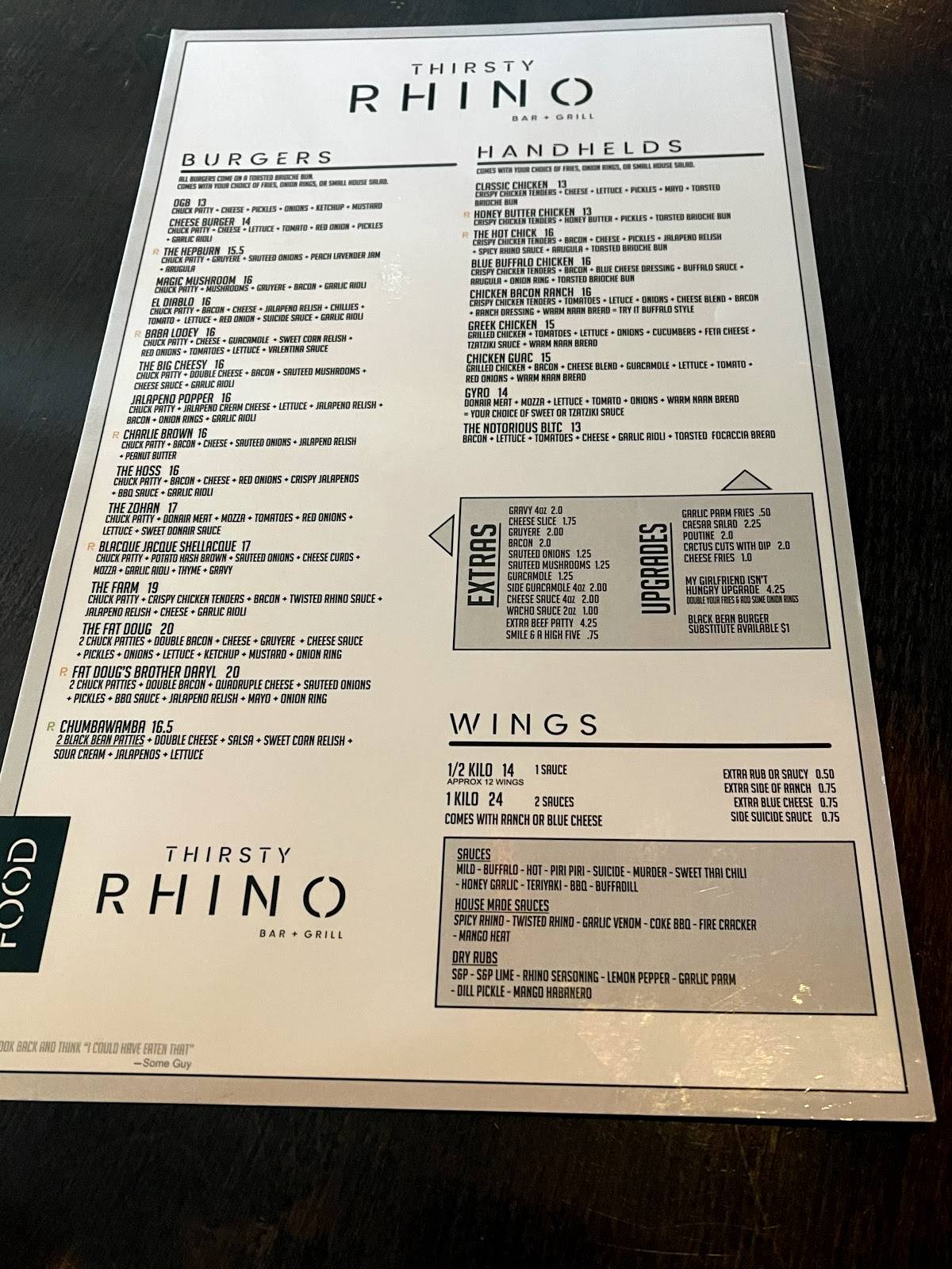Menu at The Thirsty Rhino pub & bar, Edmonton