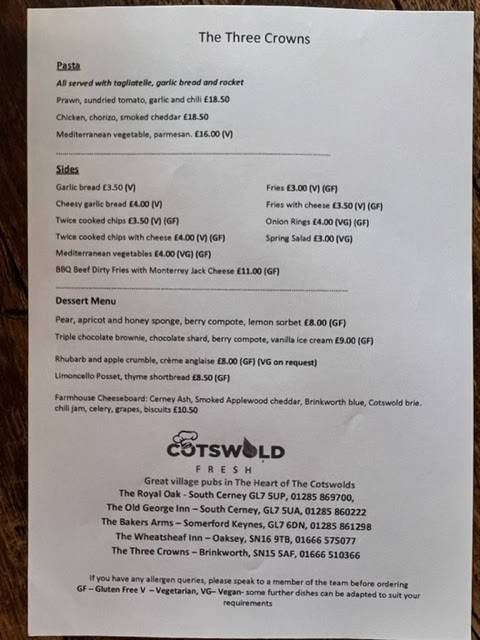 Menu at The Three Crowns, Brinkworth pub & bar, Brinkworth