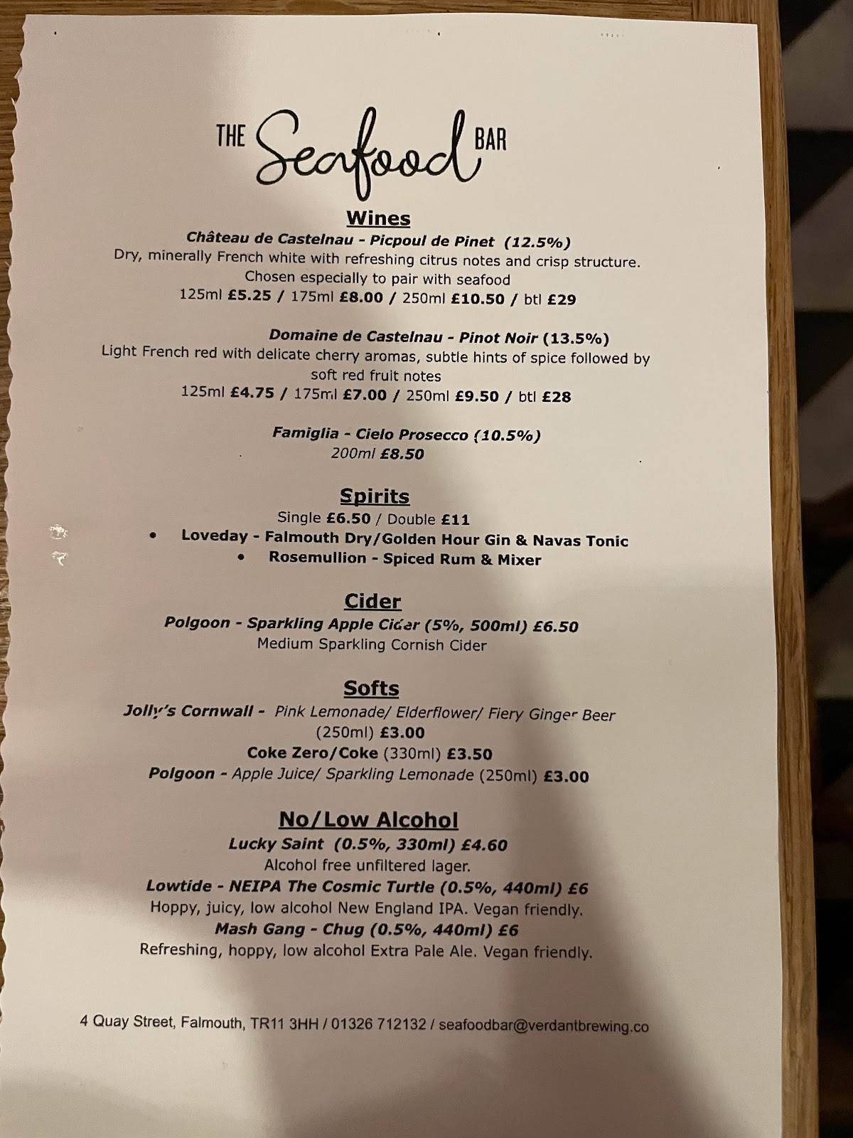 Menu at The Verdant Seafood Bar, Falmouth