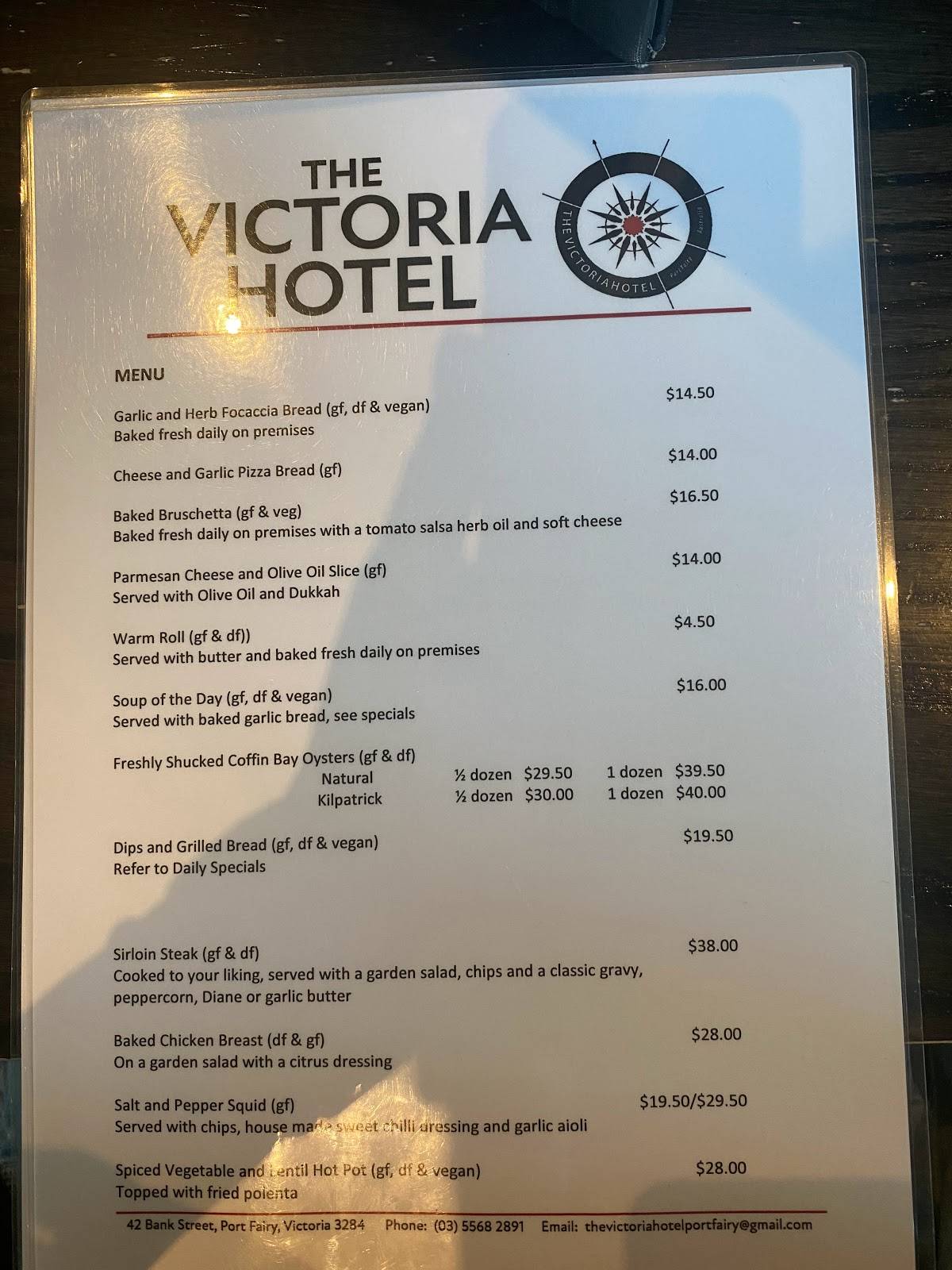 Menu at The Victoria Hotel restaurant, Port Fairy