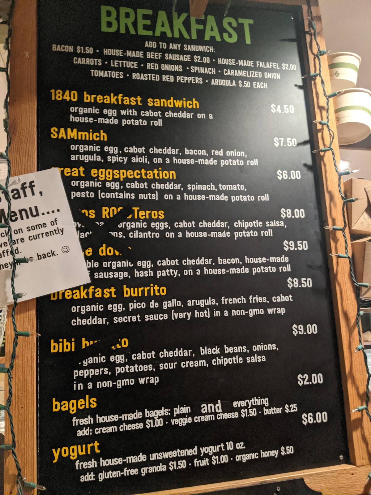 Menu at The Village Roost cafe, Wilmington
