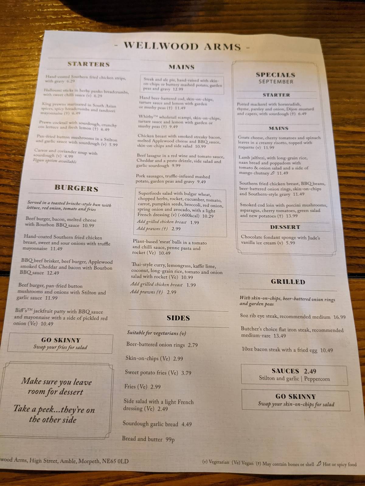 Menu at The Wellwood Arms pub & bar, Warkworth