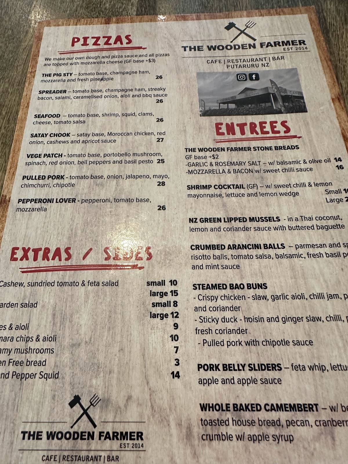 Menu at The Wooden Farmer restaurant, Putaruru