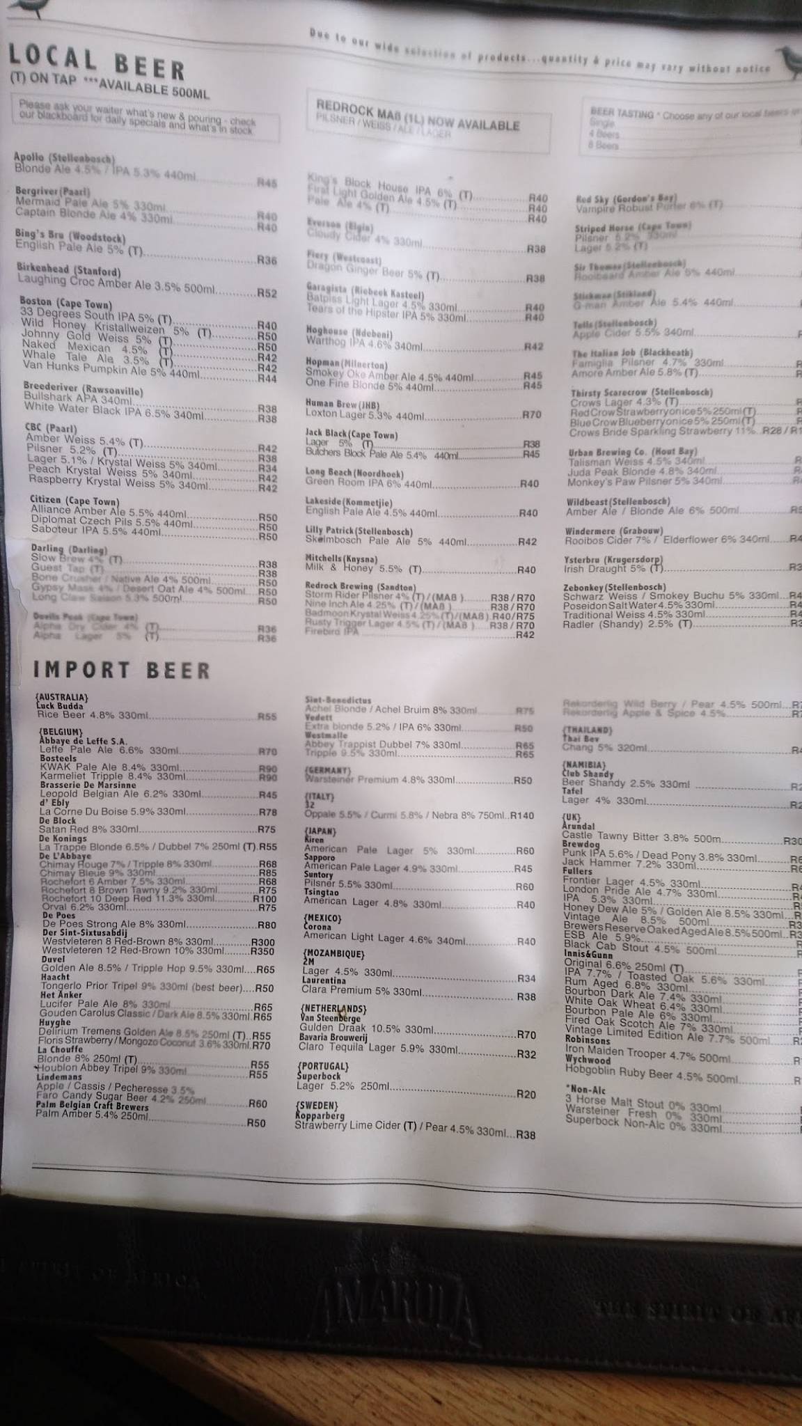 Menu at Thirsty Scarecrow pub & bar, Stellenbosch