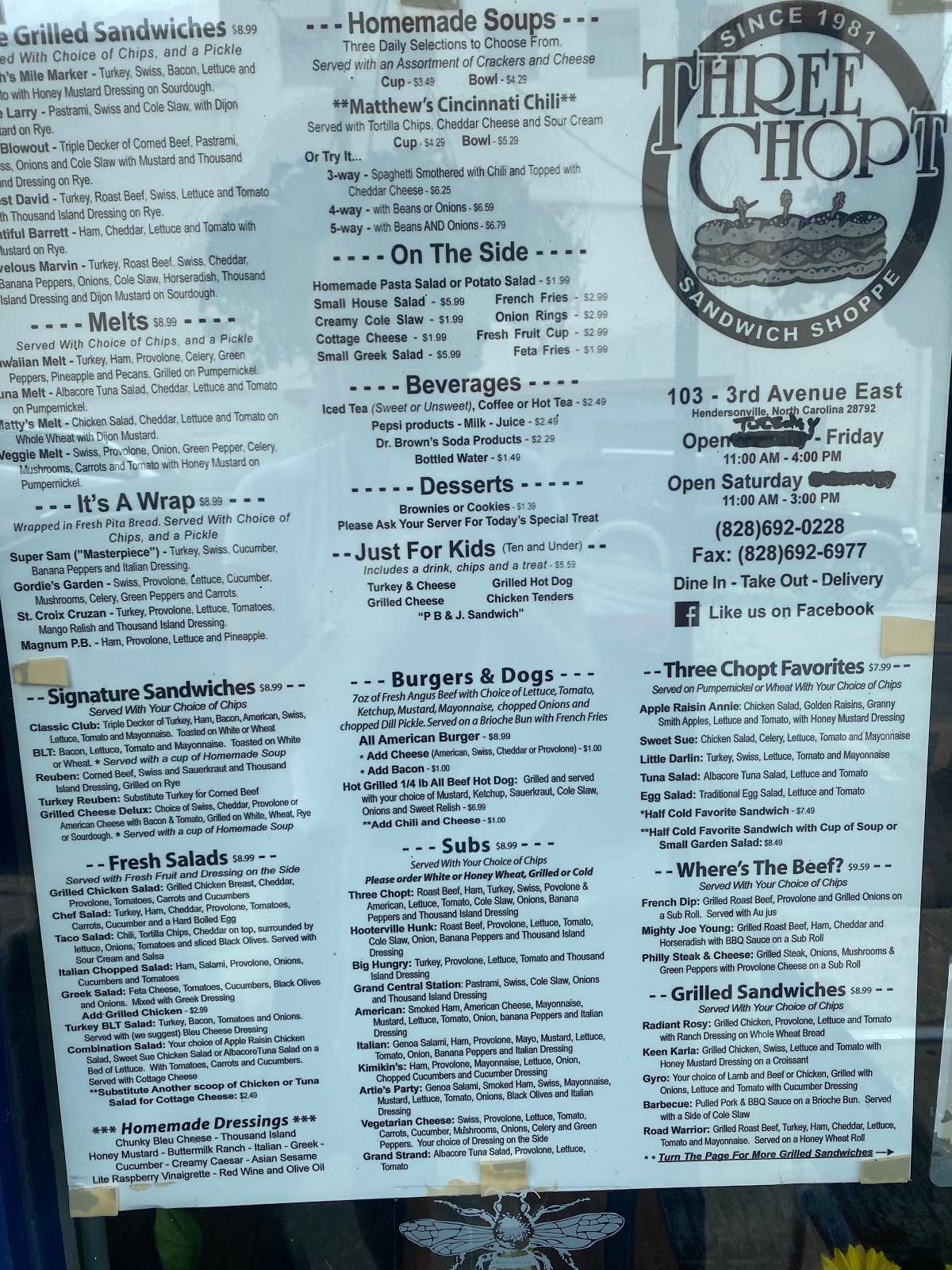 Menu at Three Chopt Sandwich Shoppe fast food, Hendersonville