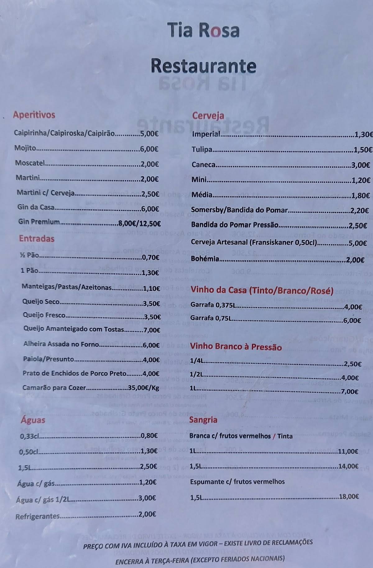 Menu at Tia Rosa restaurant, Melides, Fontainhas do mar