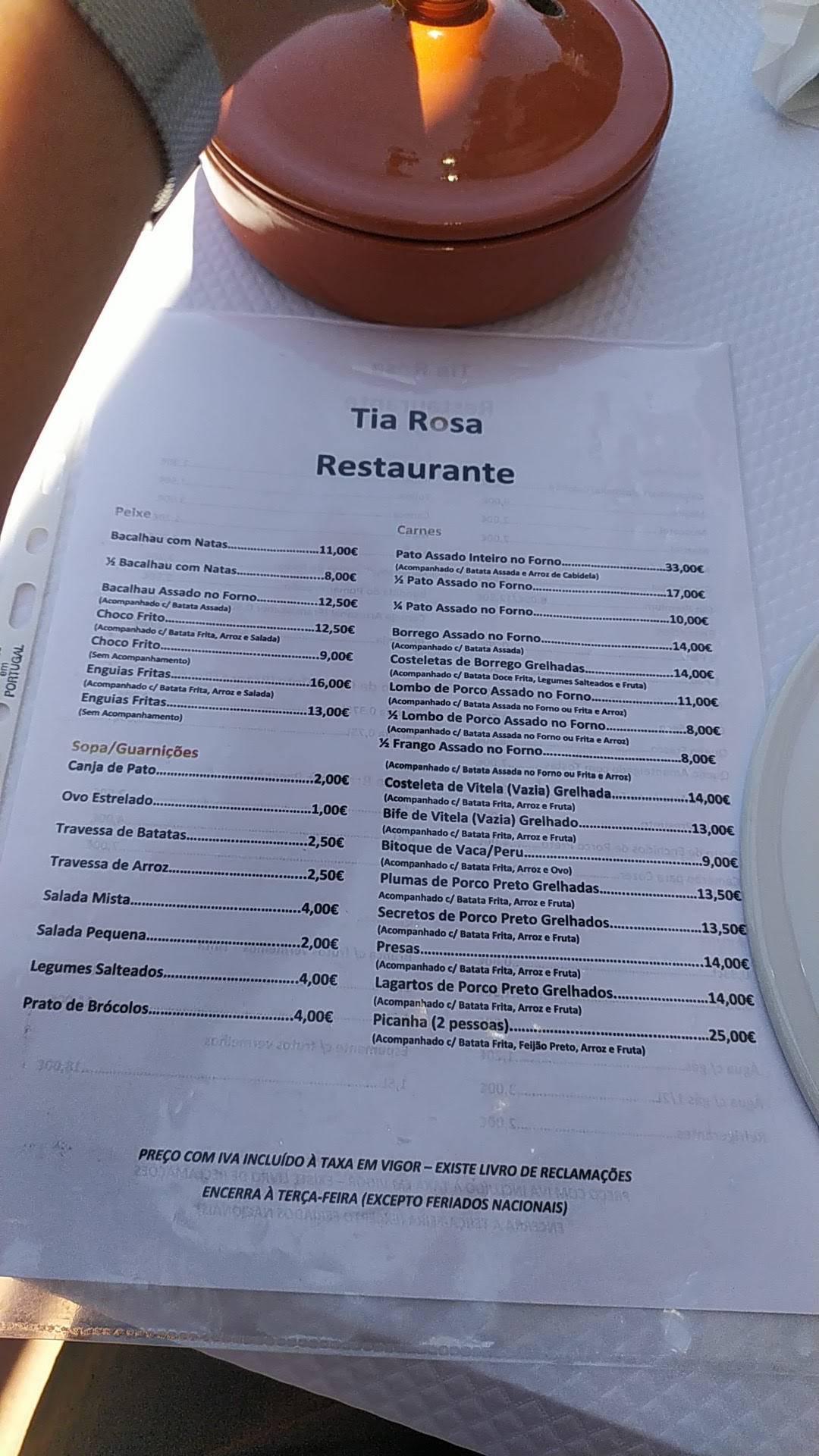 Menu at Tia Rosa restaurant, Melides, Fontainhas do mar