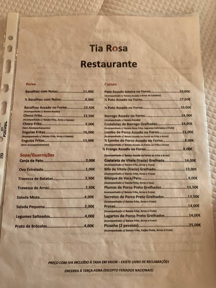 Menu em Tia Rosa restaurante, Melides, Fontainhas do mar