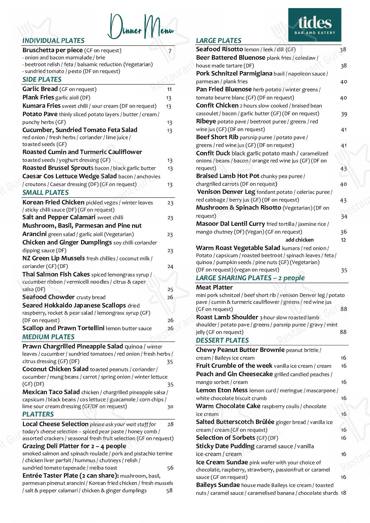 Menu at Tides Hotel Bar & Eatery, Nelson