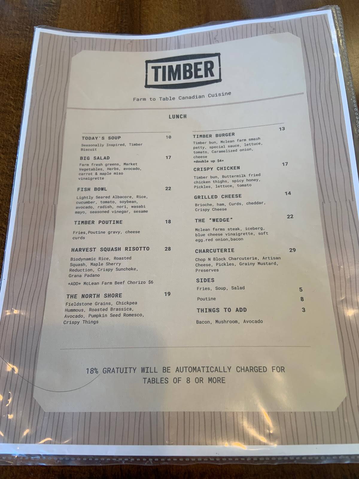 Menu at Timber Shuswap restaurant, Blind Bay