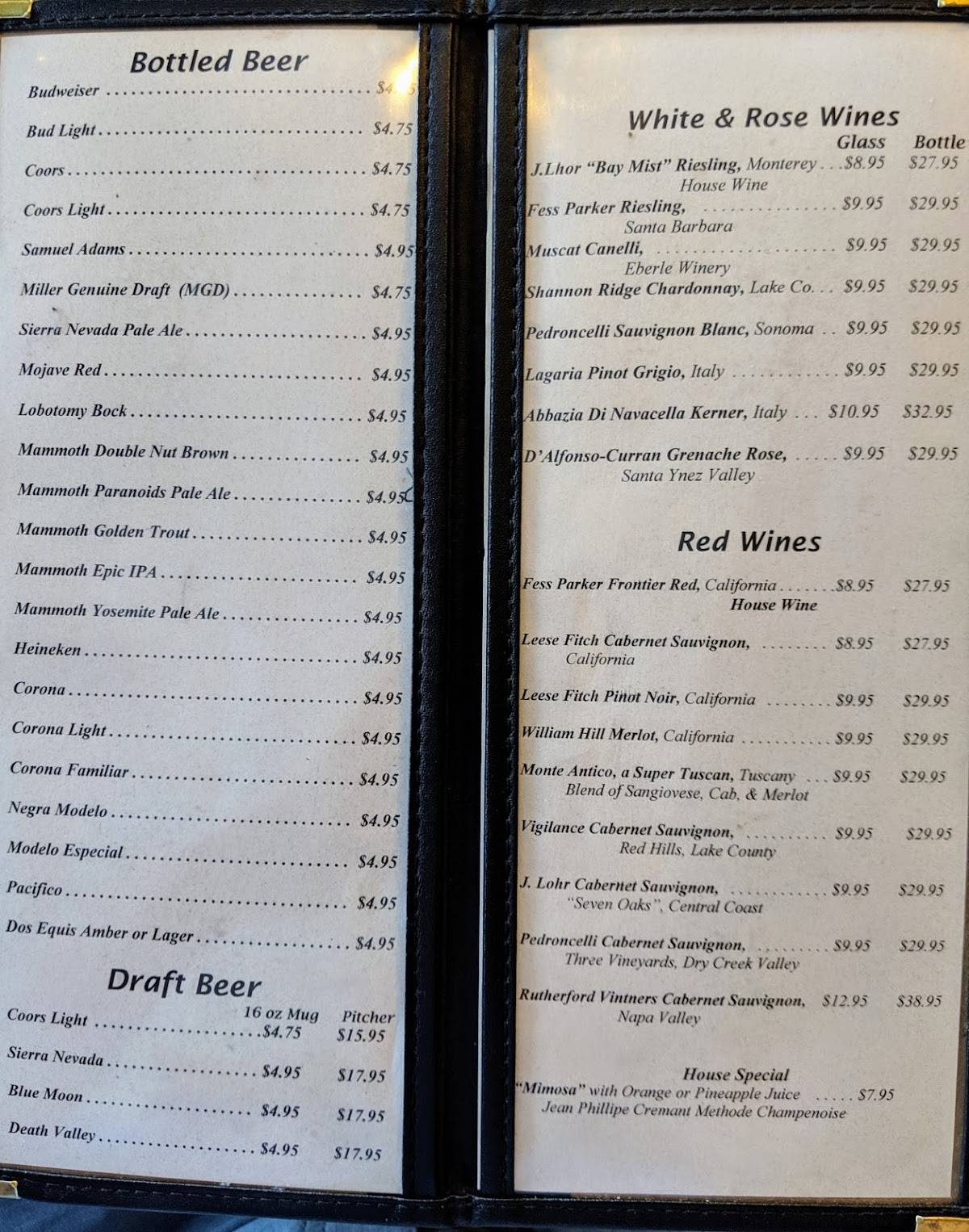 Menu at Totem Cafe, Lone Pine
