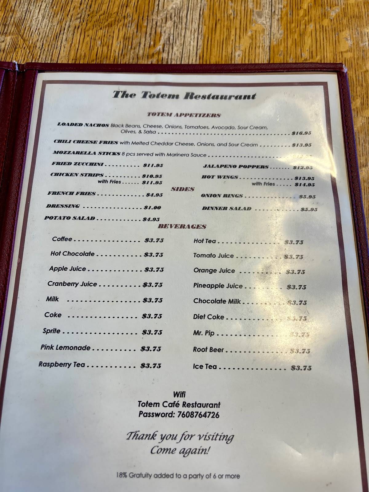 Menu at Totem Cafe, Lone Pine