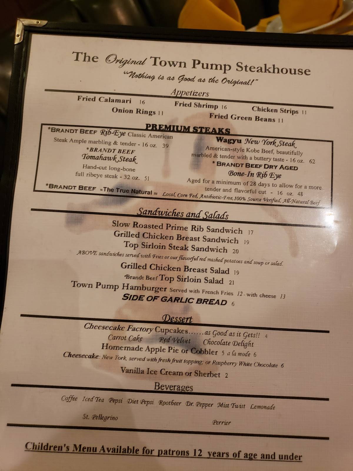 Menu at Town Pump Steakhouse, Westmorland